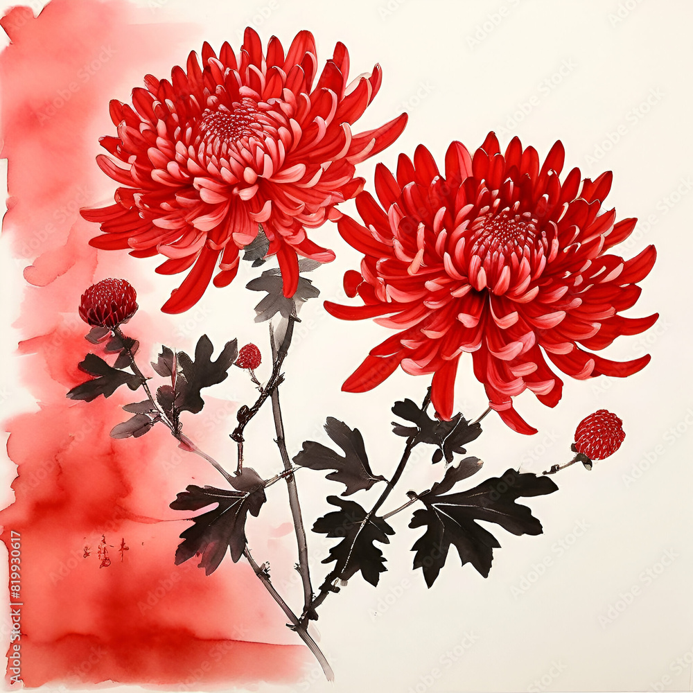 two red chrysanthemums japanese style original sumi e ink painting ...