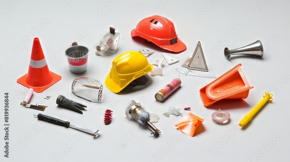 Construction site safety equipment including hard hats, cones, and ...