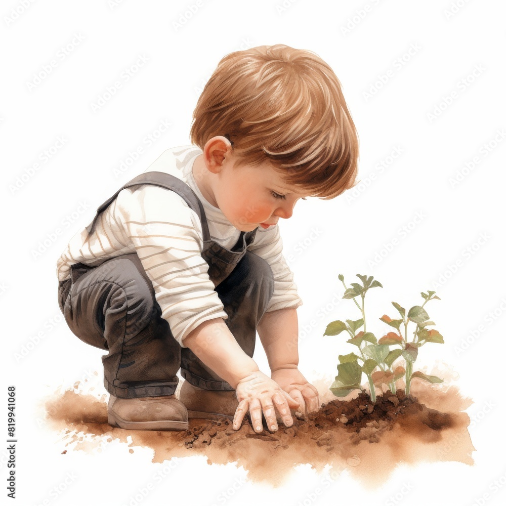 A young child planting a small plant in the soil, symbolizing growth ...