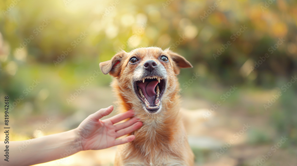 Small dog showing aggressive behavior with mouth open and teeth bared ...
