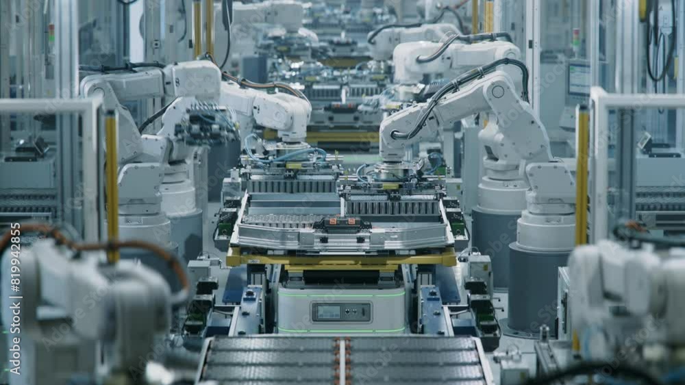Row of White Robotic Arms at Automated Production Line at Bright Factory. Electric Car ...