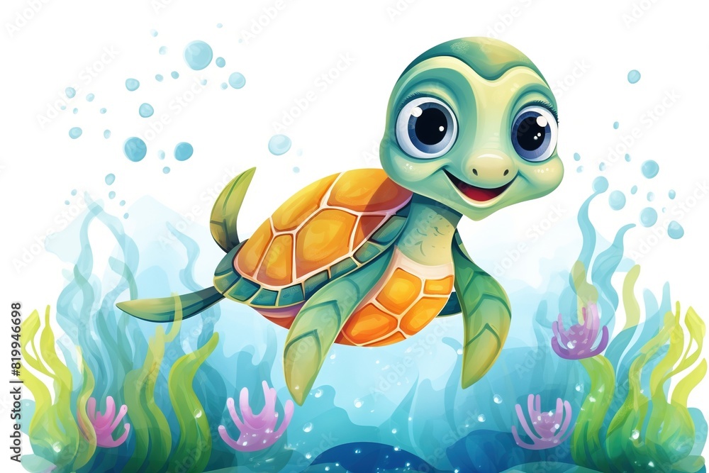 Cute cartoon sea turtle swimming underwater with sea plants and bubbles ...