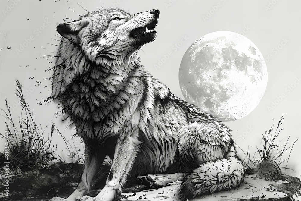 Illustration of wolf howling on the moon drawing in sketch style ...
