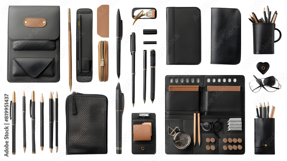 Office items placed in a flat layout isolated on a transparent ...
