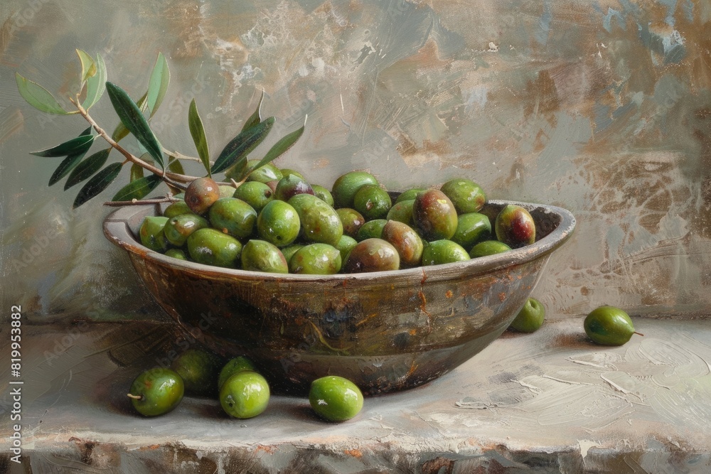 Still life painting of green olives in a rustic bowl with olive ...