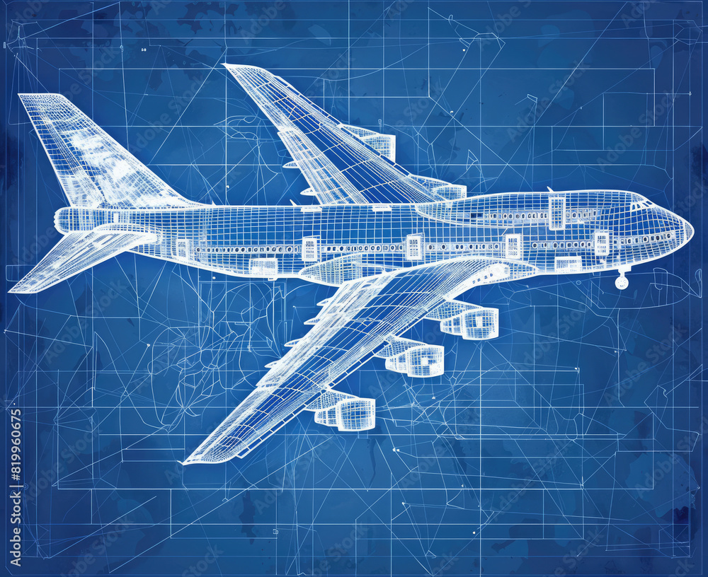 Technical blueprint of an aircraft with schematics and design details ...
