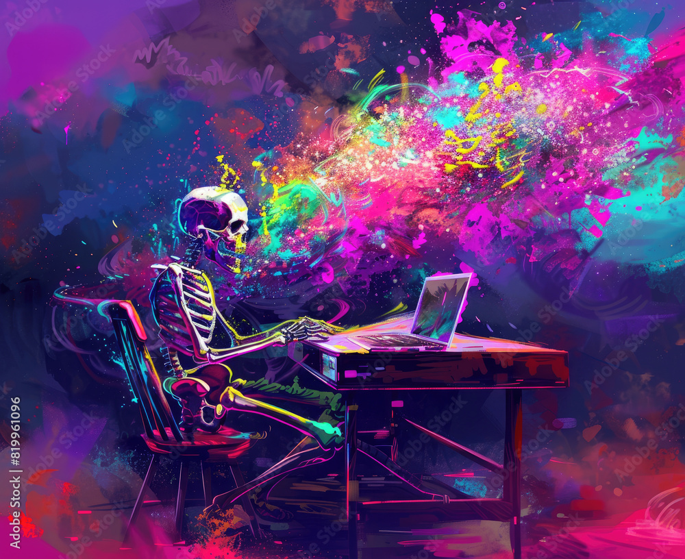 Vibrant digital artwork depicting a skeleton sitting at a desk with a ...