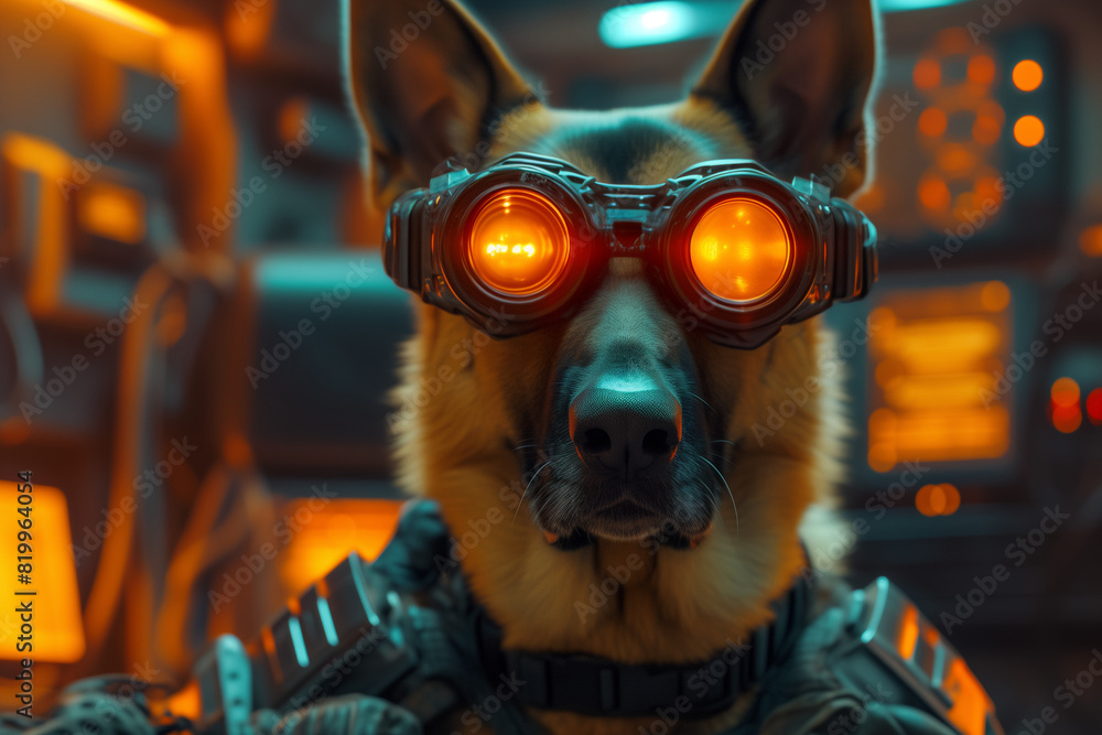 Digital illustration of dog monster in spy agent scene. monster ...