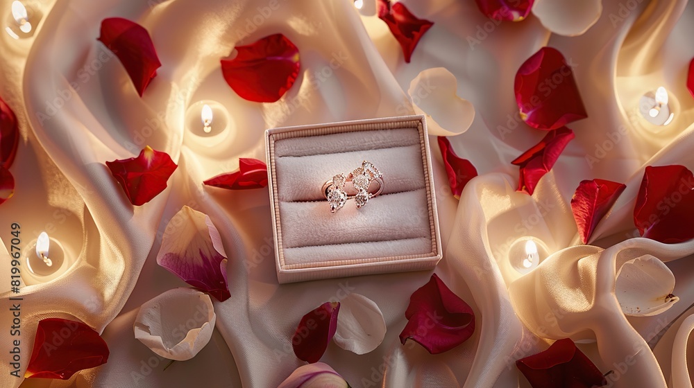 A diamond ring in a beige ring box. The box is sitting on a white and ...