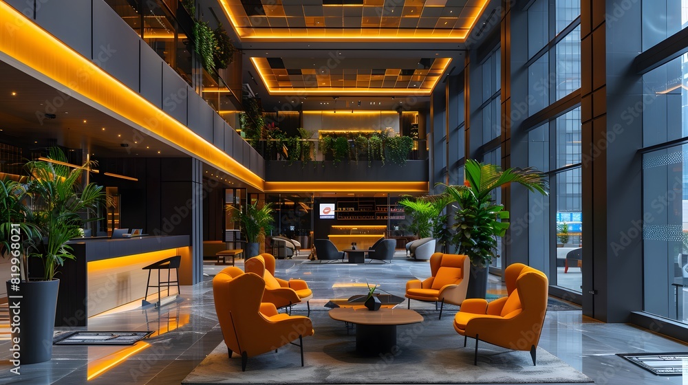 Modern hotel lobby interior with dark gray walls and light wood accents ...