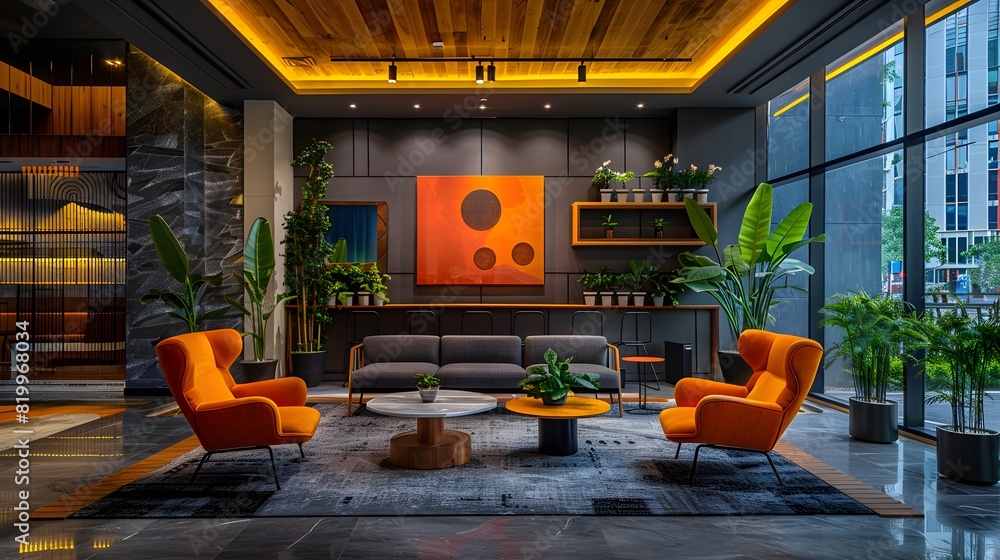 Modern hotel lobby interior with dark gray walls and light wood accents ...