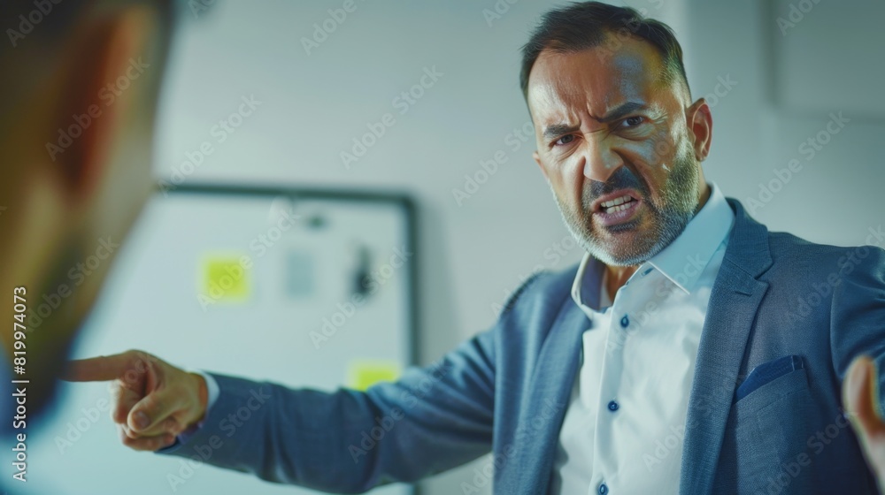 Angry man in suit pointing yelling intense expression business setting ...