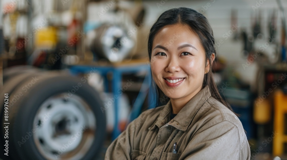 A young woman with a radiant smile wearing a mechanic's uniform ...