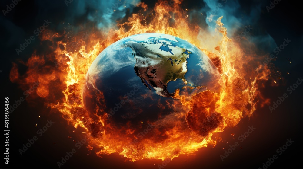 .Earth planet burning in flames on dark background. Concept of the end ...