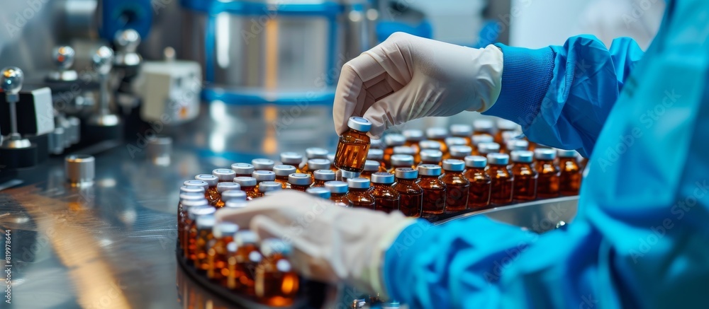 In pharmaceutical manufacturing, workers use gloved hands to handle ...