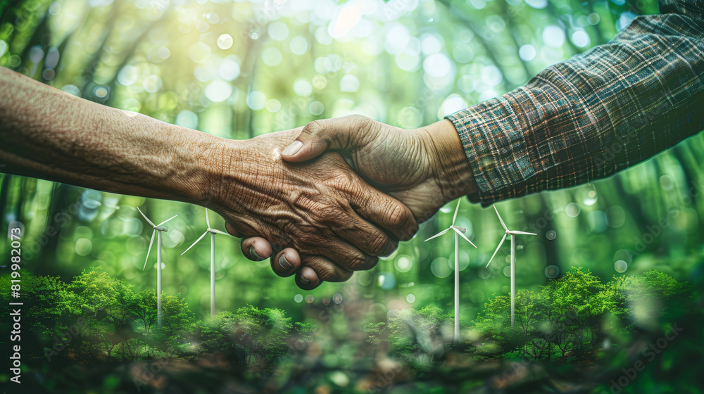 a partnership in sustainable development, with hands shaking in ...