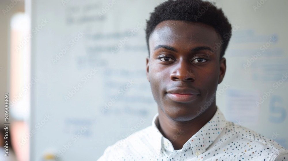Young man with short hair wearing a white shirt with blue and yellow ...