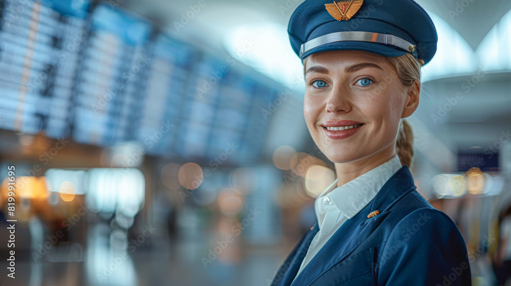 an airline cabin crew member in a navy blue uniform with a welcoming ...