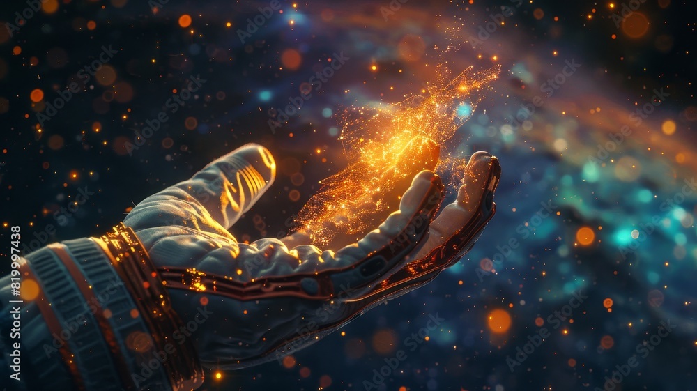 Astronaut's gloved hand reaching out toward a glowing nebula in space ...