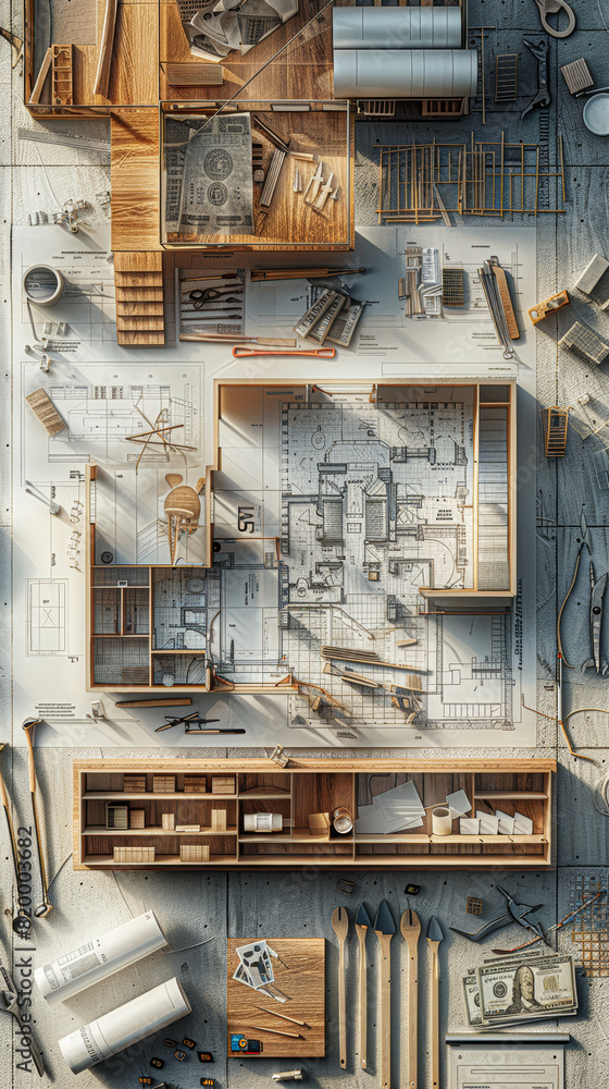 an overhead view of a construction planning table, with blueprints, a ...