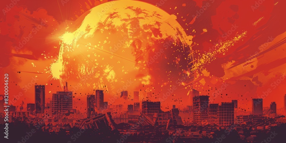 atomic explosion background with conutry devasted. Atomic risk alert ...