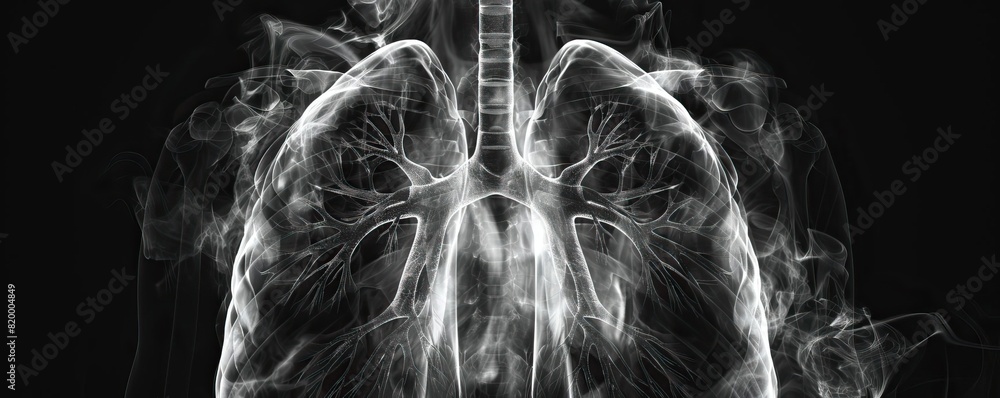 A clinical Xray image of the lungs, emphasizing the bronchi structure ...