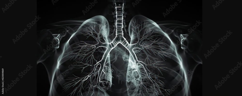 A clinical Xray image of the lungs, emphasizing the bronchi structure ...