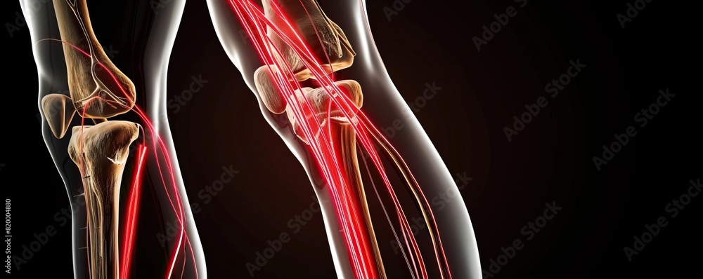 A clinical diagram depicting a red line in the anterior right thigh to ...