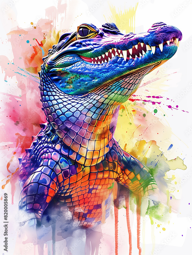 an Alligator portrait in a spectrum of colors of a watercolor ...