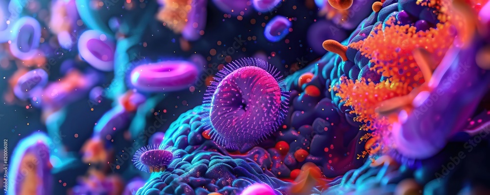 A detailed medical illustration of intestinal cells, rendered in neon ...