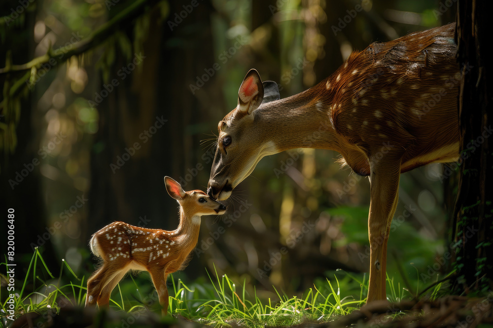 Mum deer and fawn in the forest, the mother deer's head is down with ...