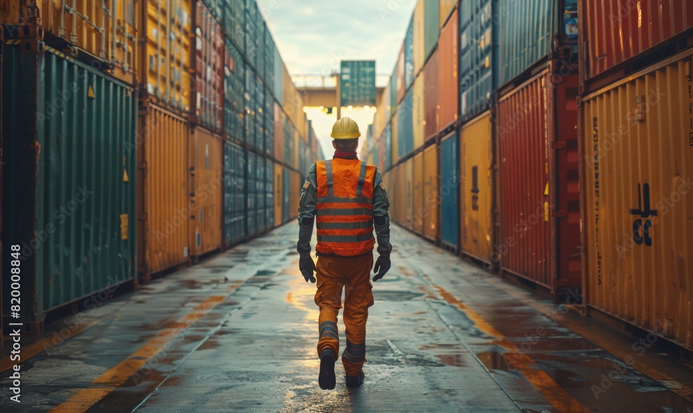 worker wearing safety kit walking, cargo shipping containers in the ...