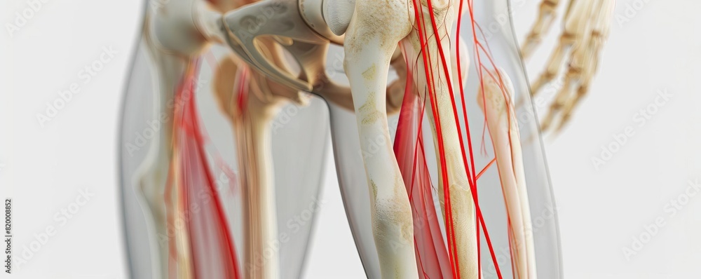 A diagnostic illustration with a red line in the anterior right thigh ...