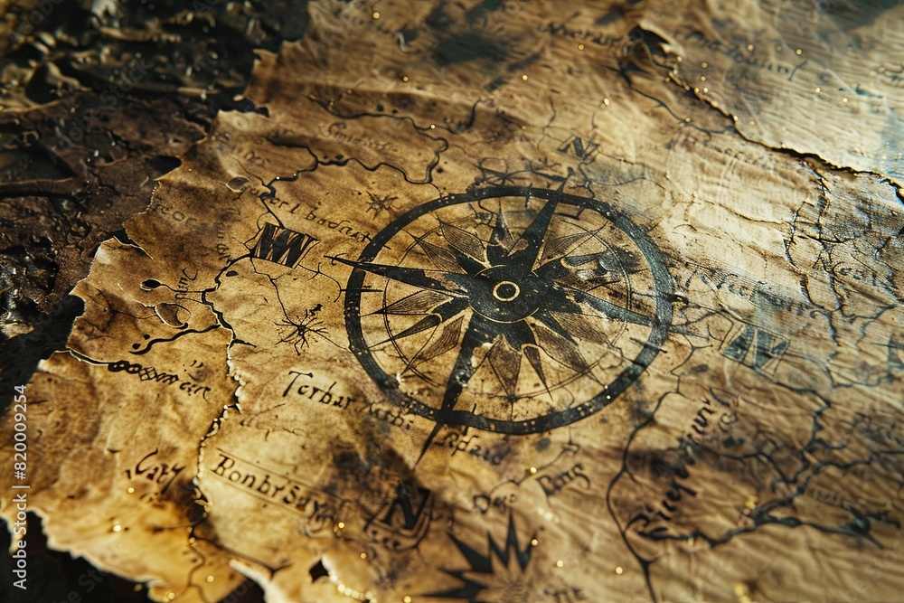 Ancient treasure map depicted on weathered parchment with a faded ...