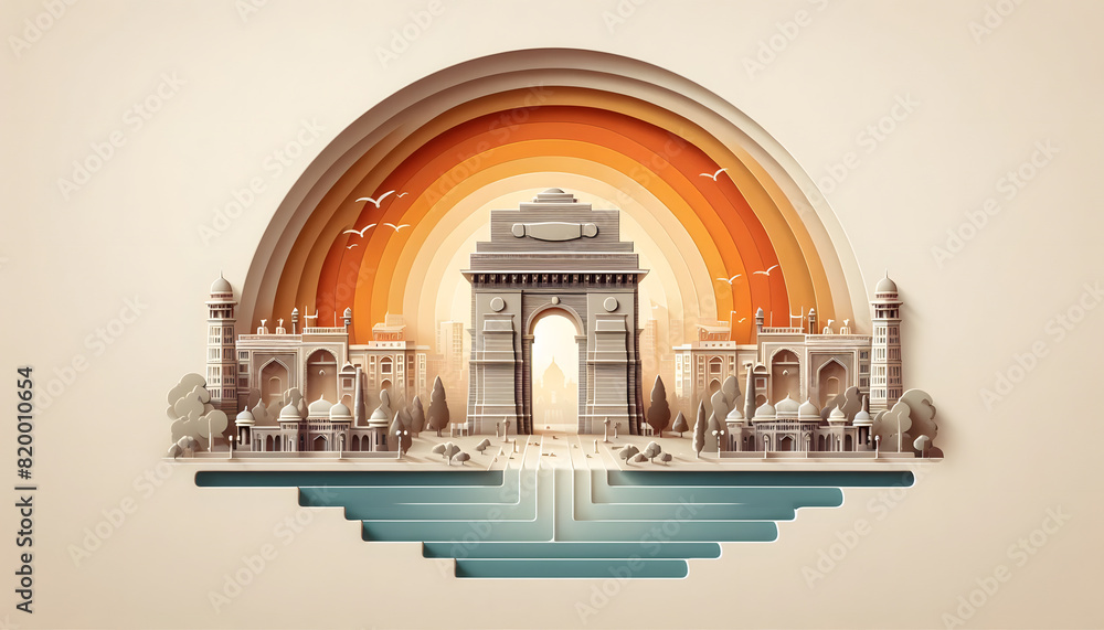 India Gate, Delhi India in papercraft-themed illustration diorama Stock ...
