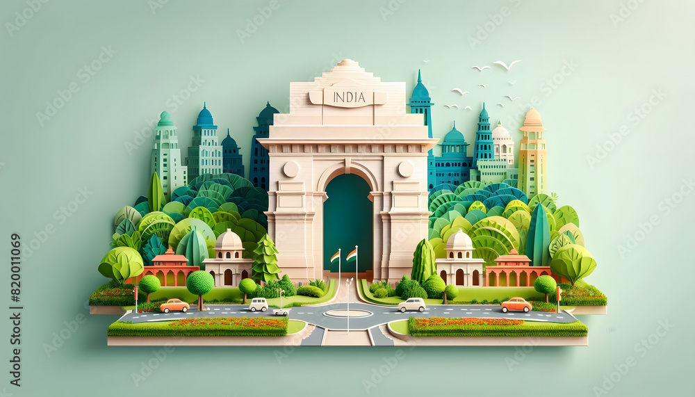 India Gate, Delhi India in papercraft-themed illustration diorama Stock ...