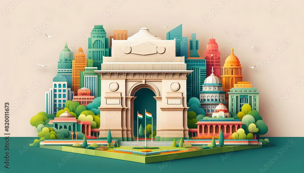 India Gate, Delhi India in papercraft-themed illustration diorama Stock ...