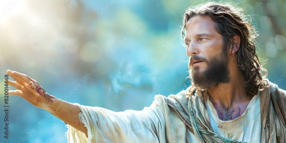 Resurrected Jesus Christ extending hand in prayer. Concept Jesus Christ ...