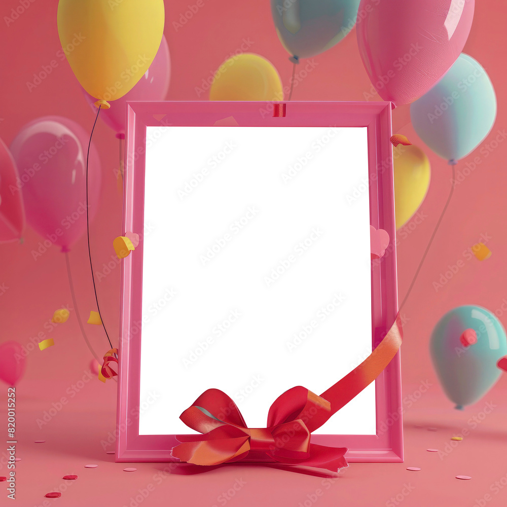 Birthday frame with balloons on a pink background, red ribbon wrapped ...