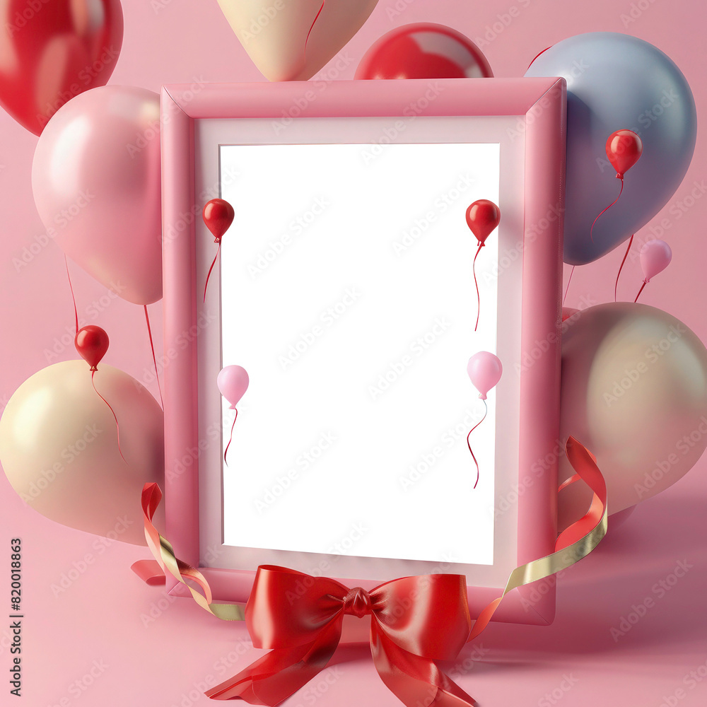 Birthday frame with balloons on a pink background, red ribbon wrapped ...