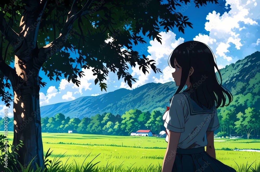 Girl in nature, under tree, landscape nature clouds mountains forest ...