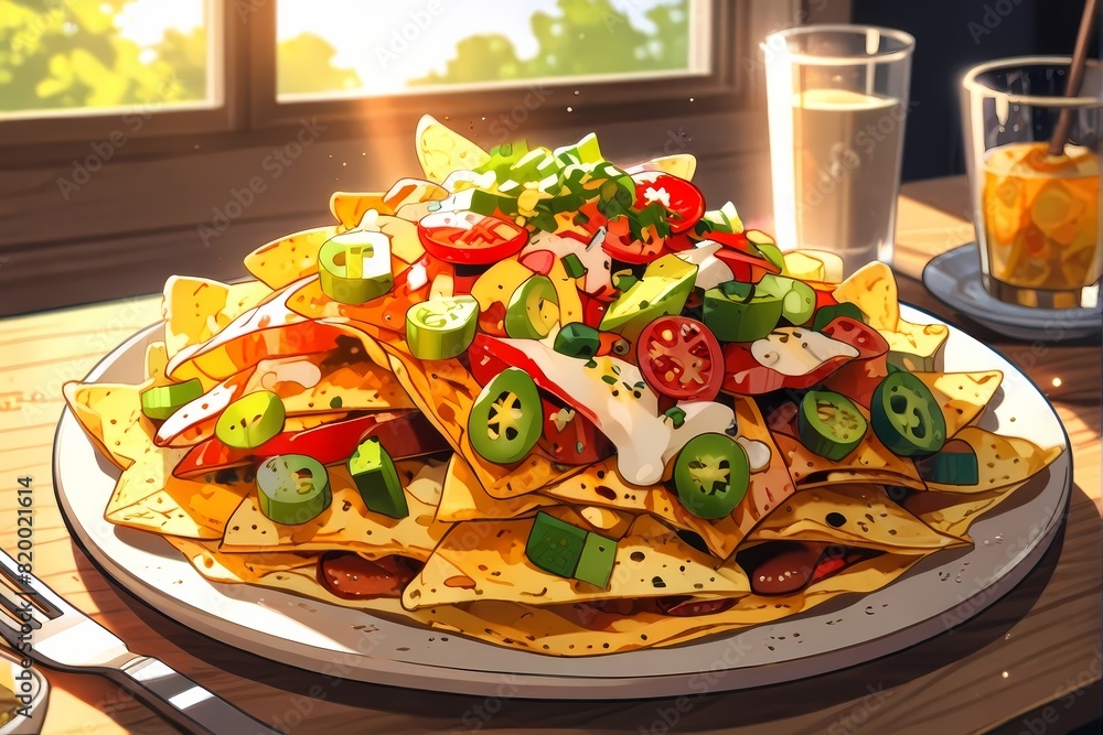 Loaded Nachos on table, sunlight, window side, Anime style illustration ...