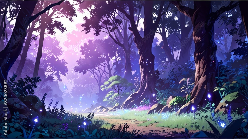 Glowing purple forest, trees, nature, particles, Anime style ...