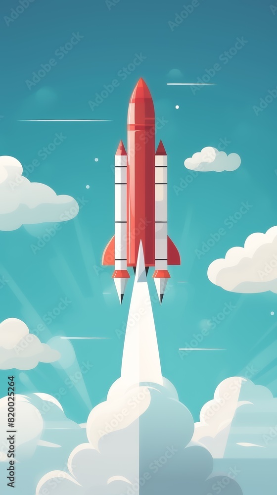 Illustration of a red rocket launching into a blue sky with white ...