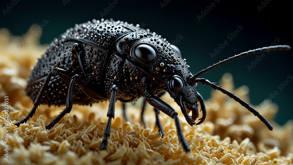 Visualize a highly detailed, cinematic of a Sitophilus oryzae amidst grains of rice Stock Photo ...