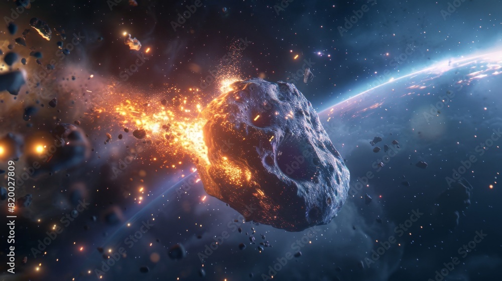 An asteroid falling from space, about to hit the Earth. A burning meteorite flies across outer ...