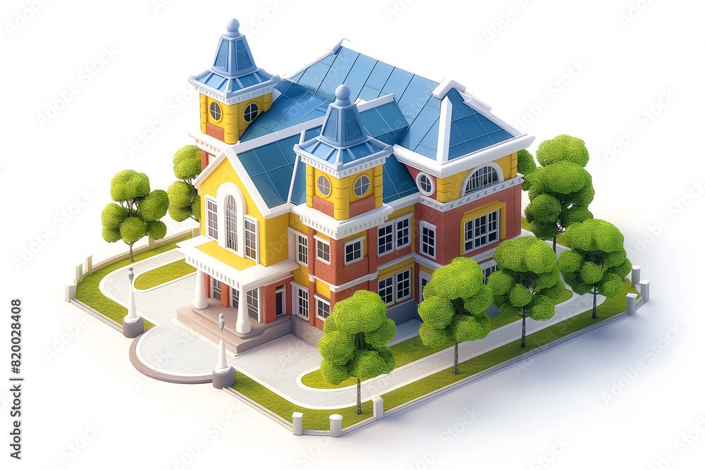 3D render modern school building with a brick exterior, surrounded by ...
