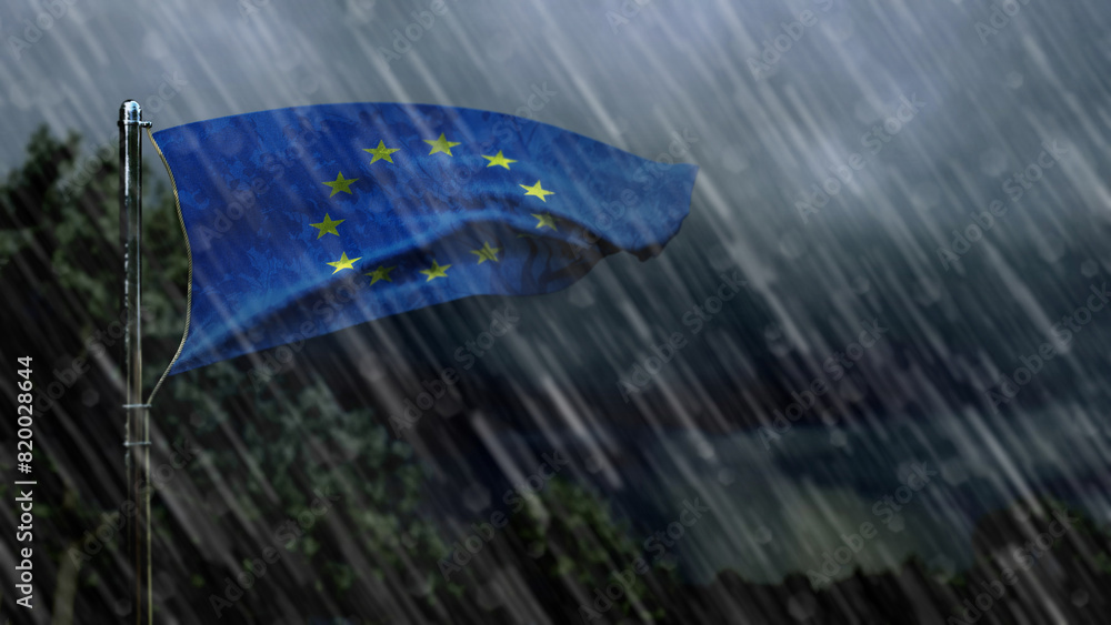 flag of European Union with rain and dark clouds, hail rain forecast ...