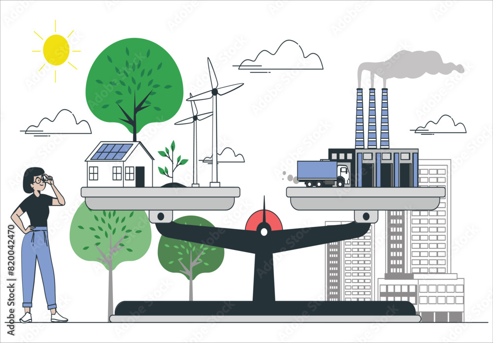 Net zero emissions and carbon dioxide CO2 neutral balance tiny person concept. Strategy to ...