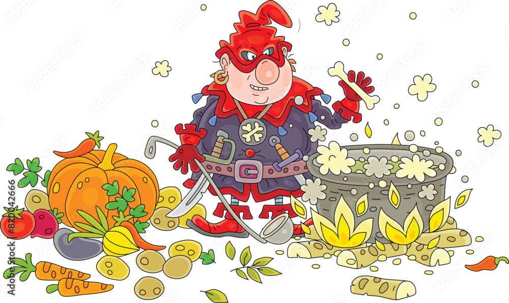 Angry cruel ogre cooking tasty soup from fresh vegetables and bones in ...